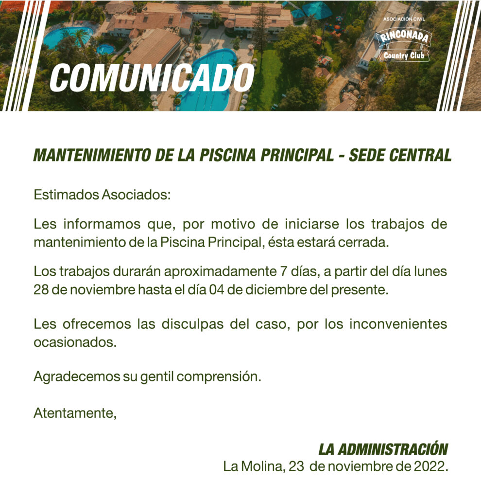Mantenimiento de la Piscina Principal – Sede Central | Rinconada ...