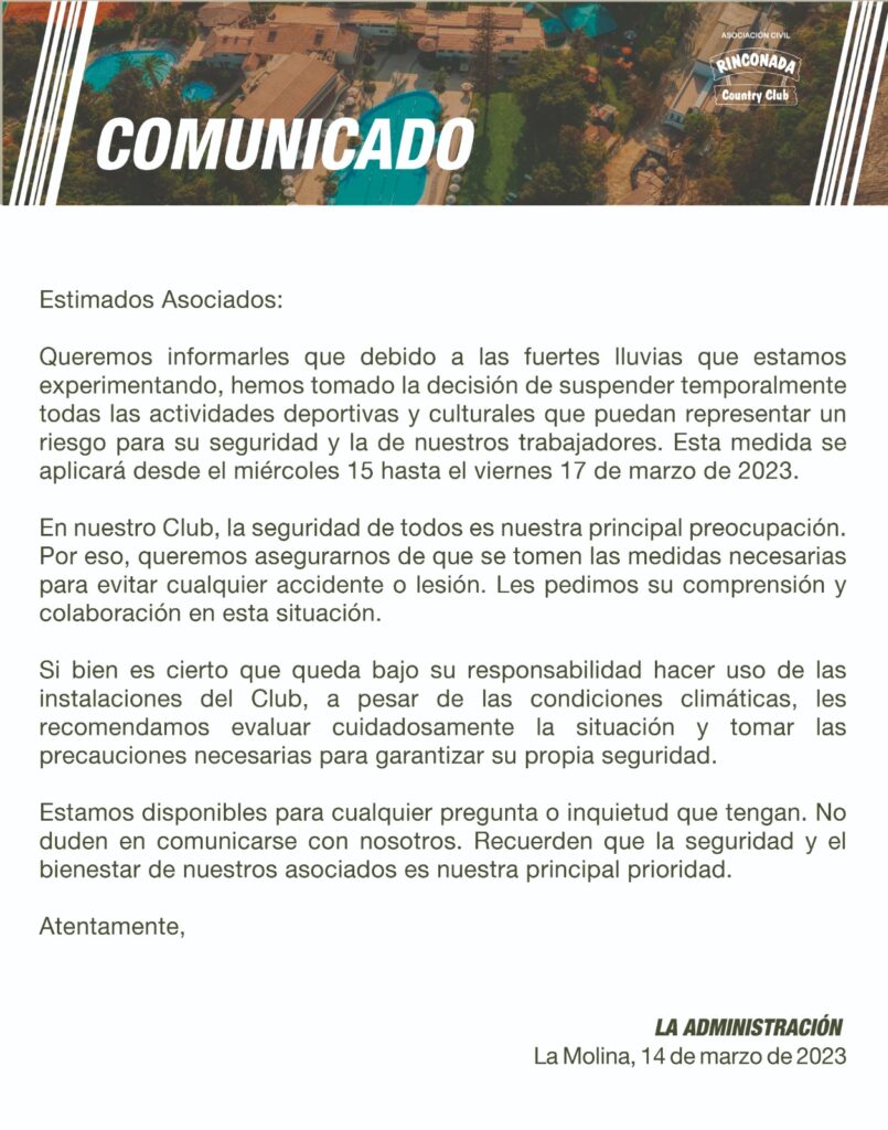Comunicado 14 de marzo de 2023 | Rinconada Country Club