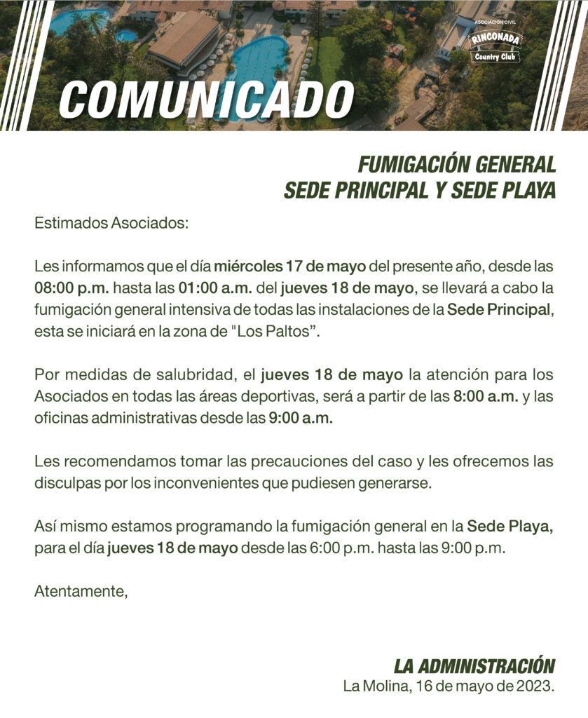 Fumigación General Sede Principal y Sede Playa | Rinconada Country Club