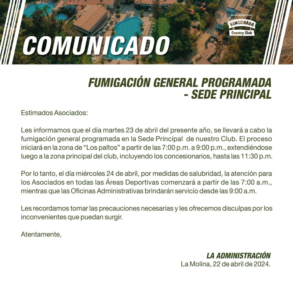 Fumigación General Programada – Sede Principal | Rinconada Country Club
