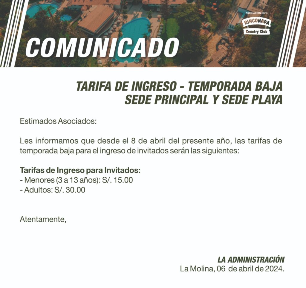 Tarifa de Ingreso – Temporada Baja Sede Principal y Sede Playa ...