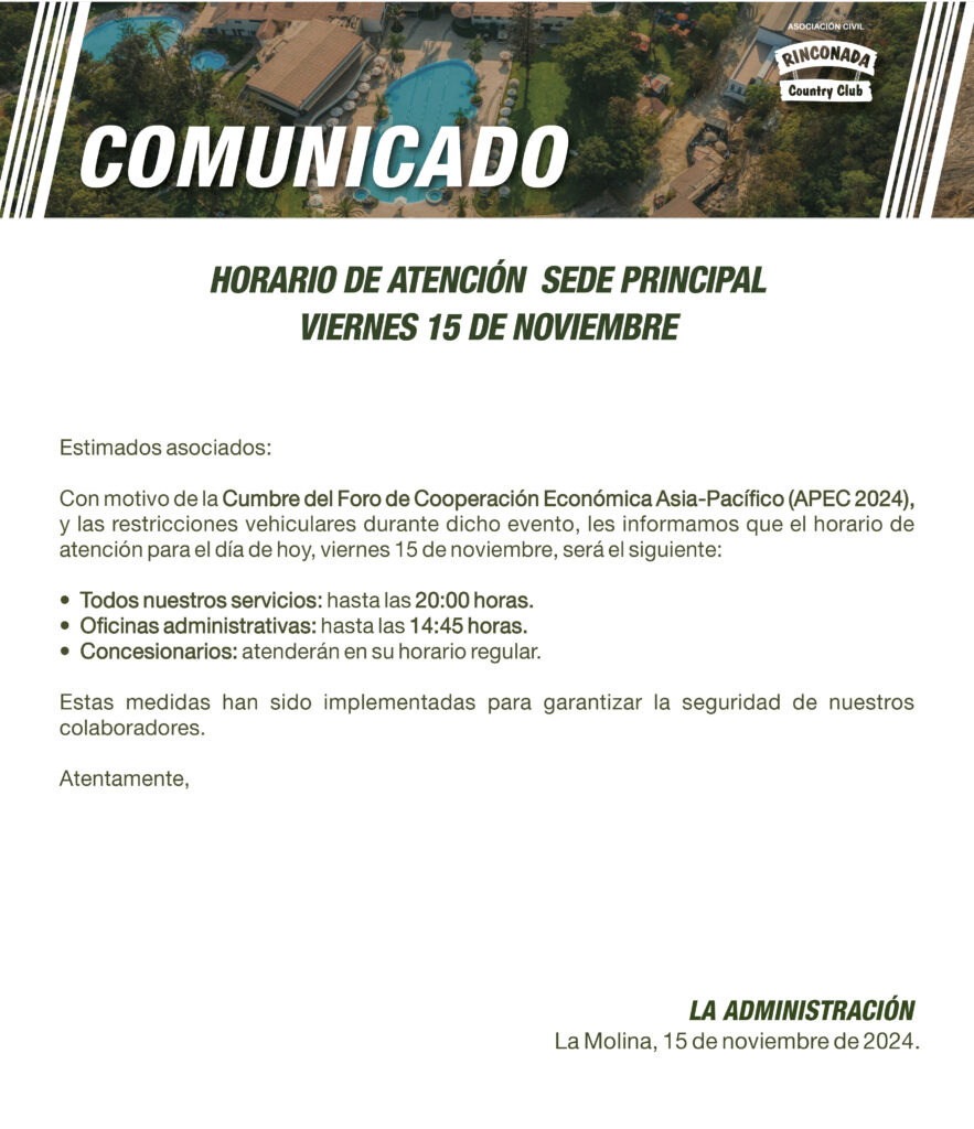 Horario de atención Sede Principal – Viernes 15 de Noviembre ...