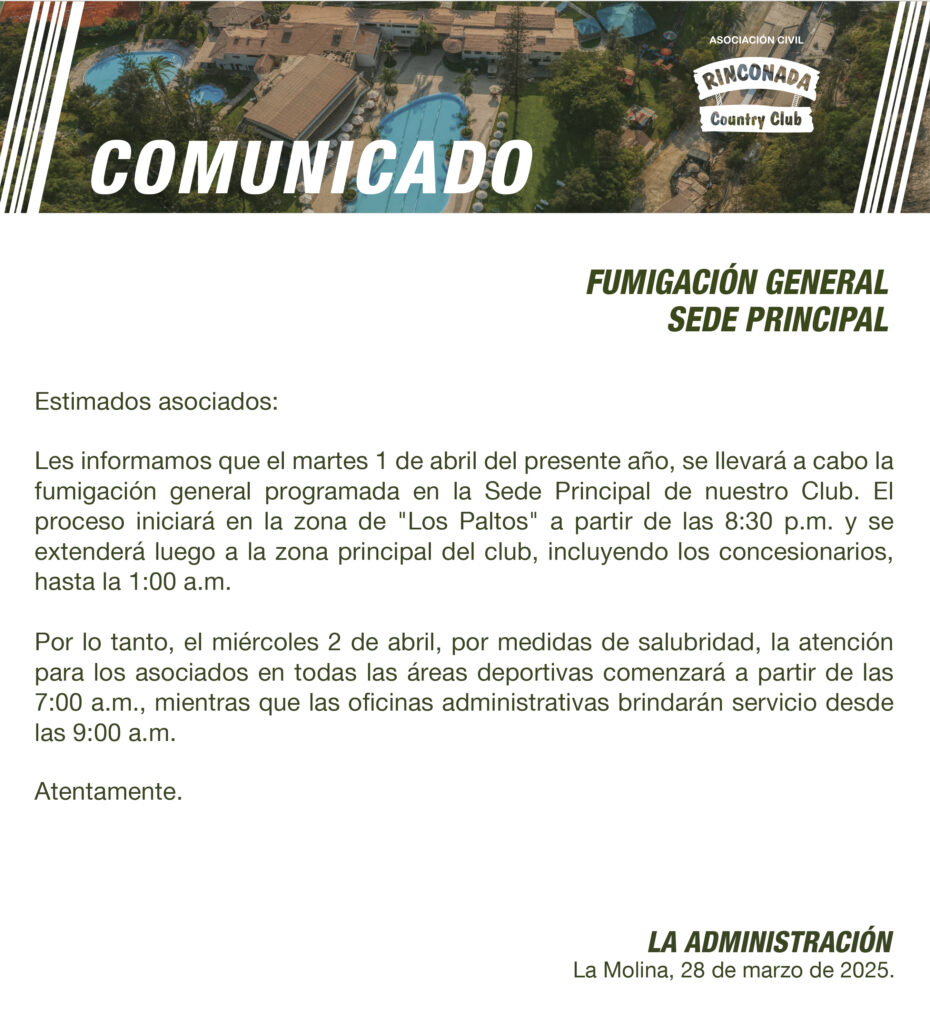 Fumigación General Sede Principal | Rinconada Country Club